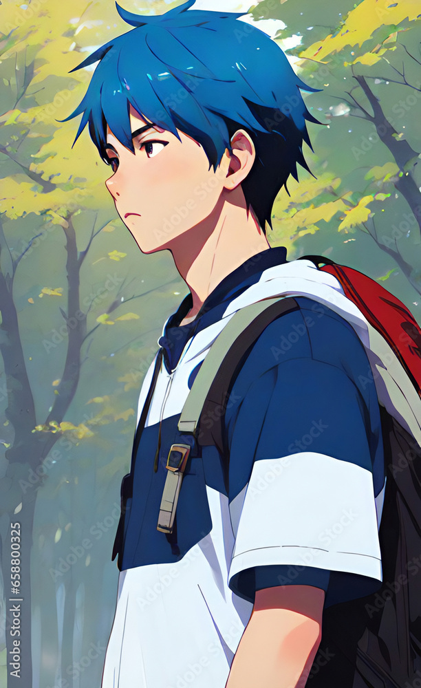Anime male man with blue hair. Blue hair anime boy Manga style, anime ...