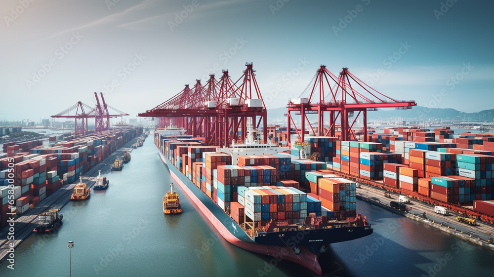 Large shipping container inside port, concept of trade and logistics ...