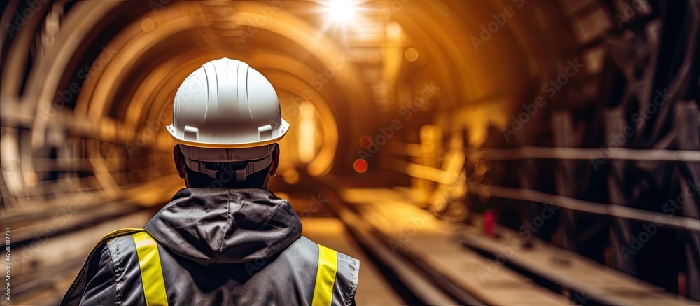 Engineer in yellow helmets and vests supervises underground tunnel ...