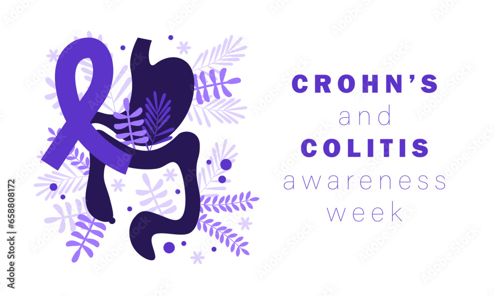 Crohn’s and Colitis Awareness Week. Purple awareness ribbon, stomach ...