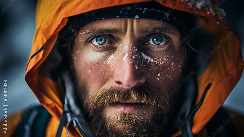 an adventurous mountaineer reaching the summit of a challenging peak, a ...