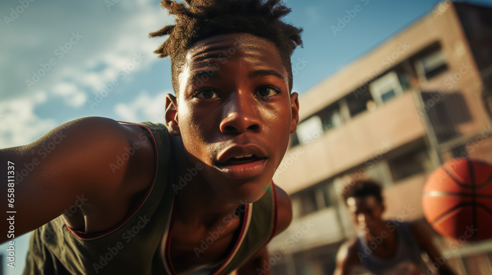 an athlete mid-jump on the basketball court, muscles tensed, and ...