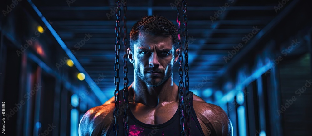 Athletic person trains with trx system in dim gym Torso exposed they ...