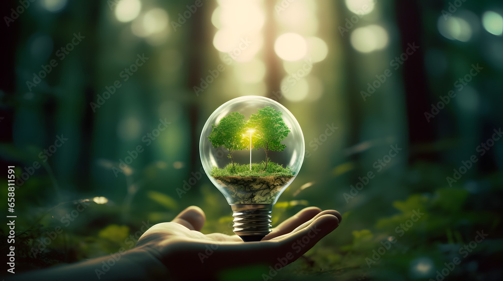 renewable energy light bulb with green energy, Earth Day or environment ...