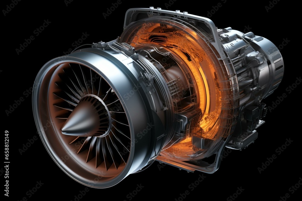 X-ray style turbofan engine on black background. 3D rendering ...