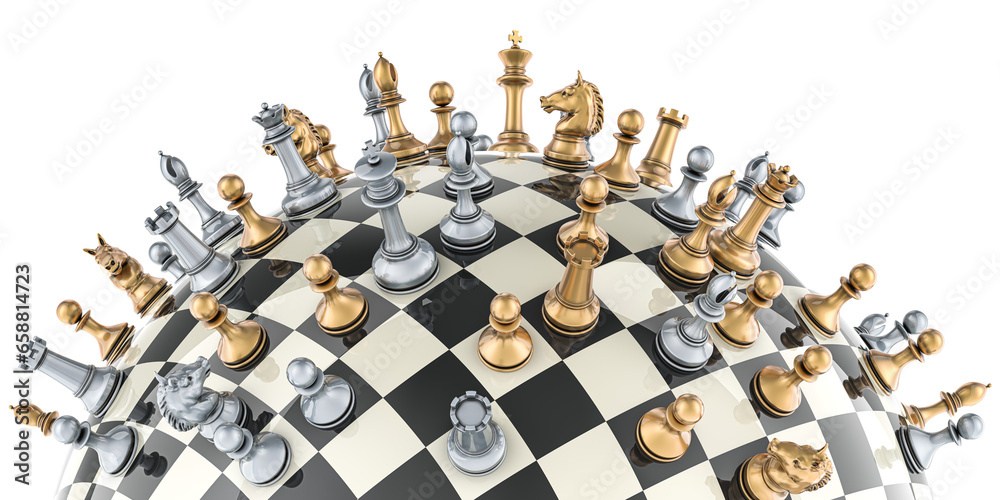 Chess board as checkered sphere with chess pieces. 3D rendering ...