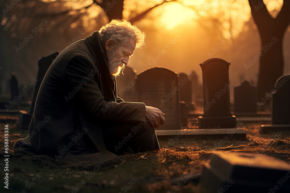 Sad senior man grieving the loss of his loved one on a cemetery on autumn evening. Depressed ...