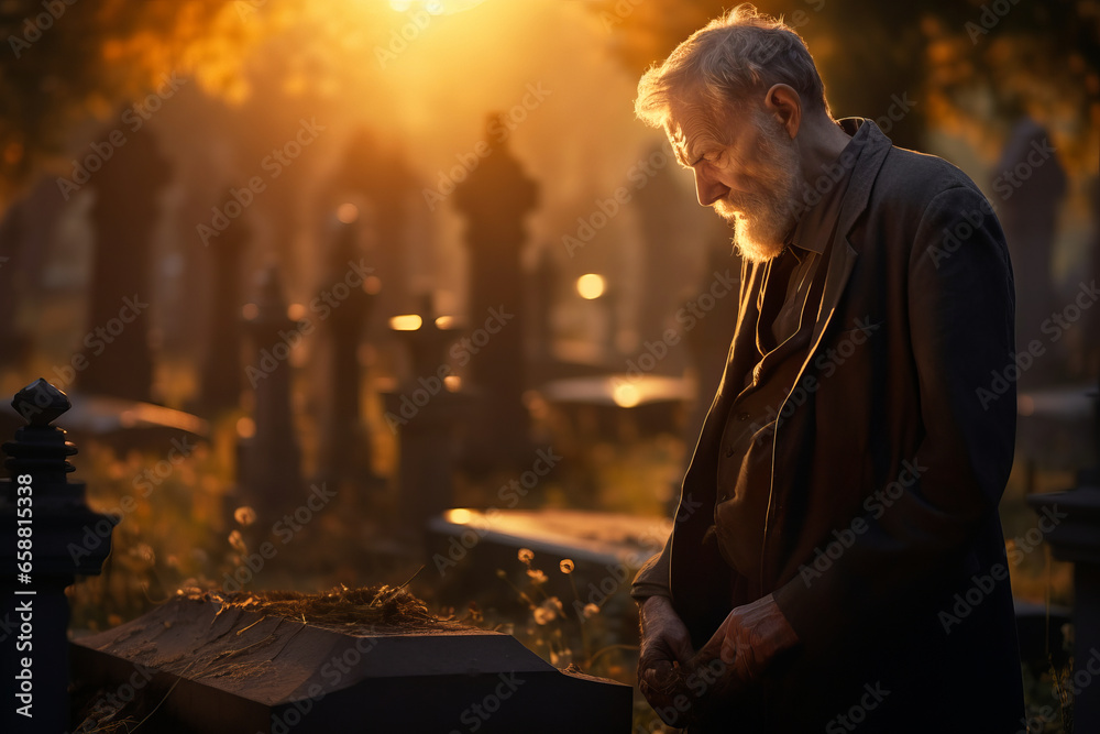 Sad senior man grieving the loss of his loved one on a cemetery on autumn evening. Depressed ...