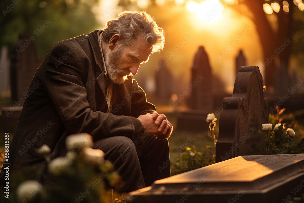 Sad senior man grieving the loss of his loved one on a cemetery on autumn evening. Depressed ...