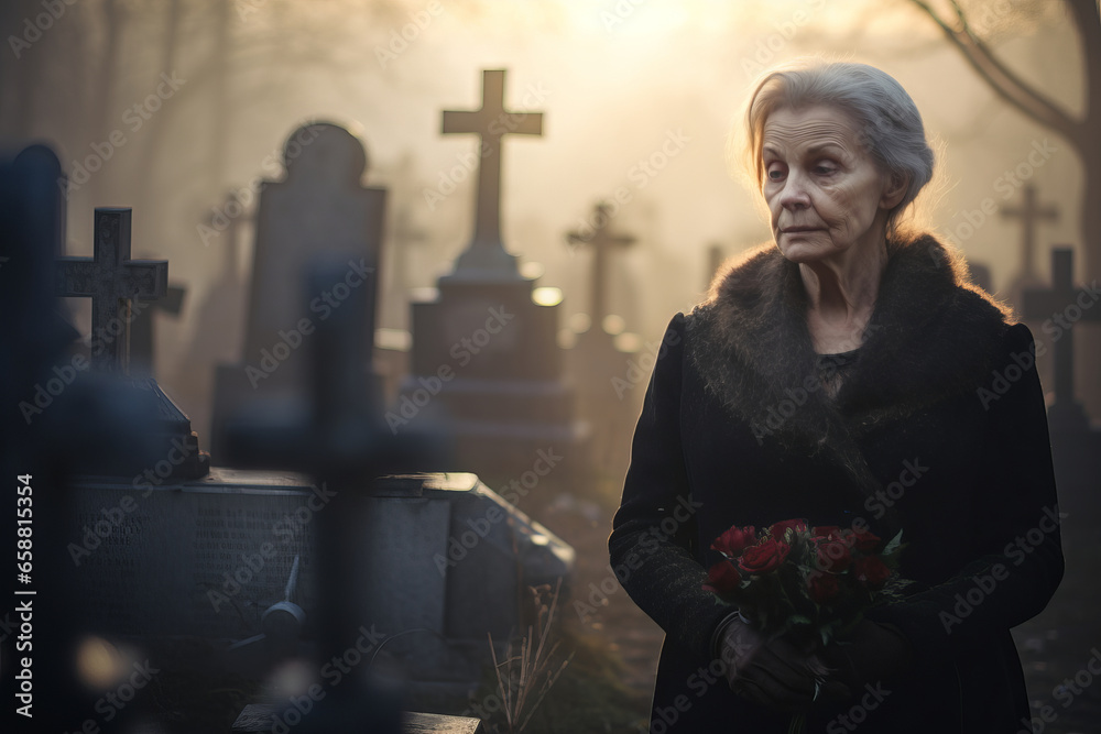 Sad senior woman grieving the loss of her loved one on a cemetery on ...
