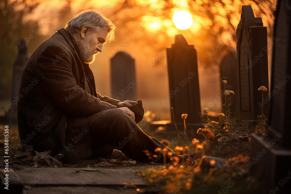 Sad senior man grieving the loss of his loved one on a cemetery on ...
