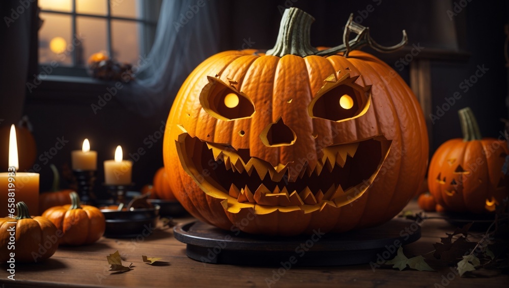 Halloween background with pumpkins and haunted house - 3D render ...