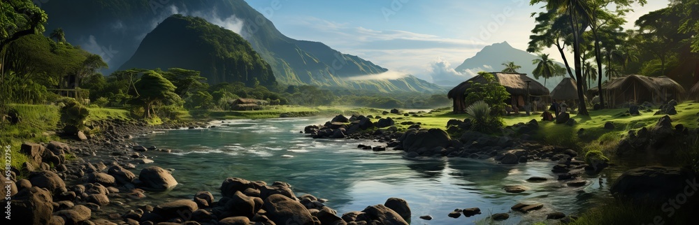 Polynesian village with a beautiful view. Lake and mountains with green ...