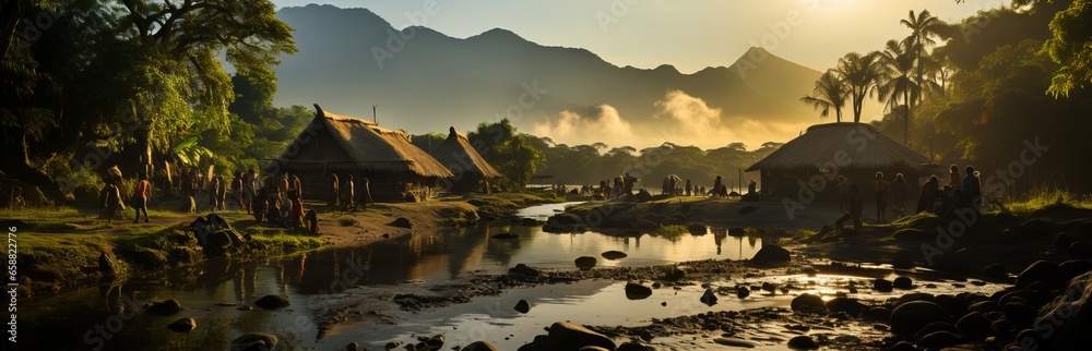 Polynesian village with a beautiful view. Lake and mountains with green ...