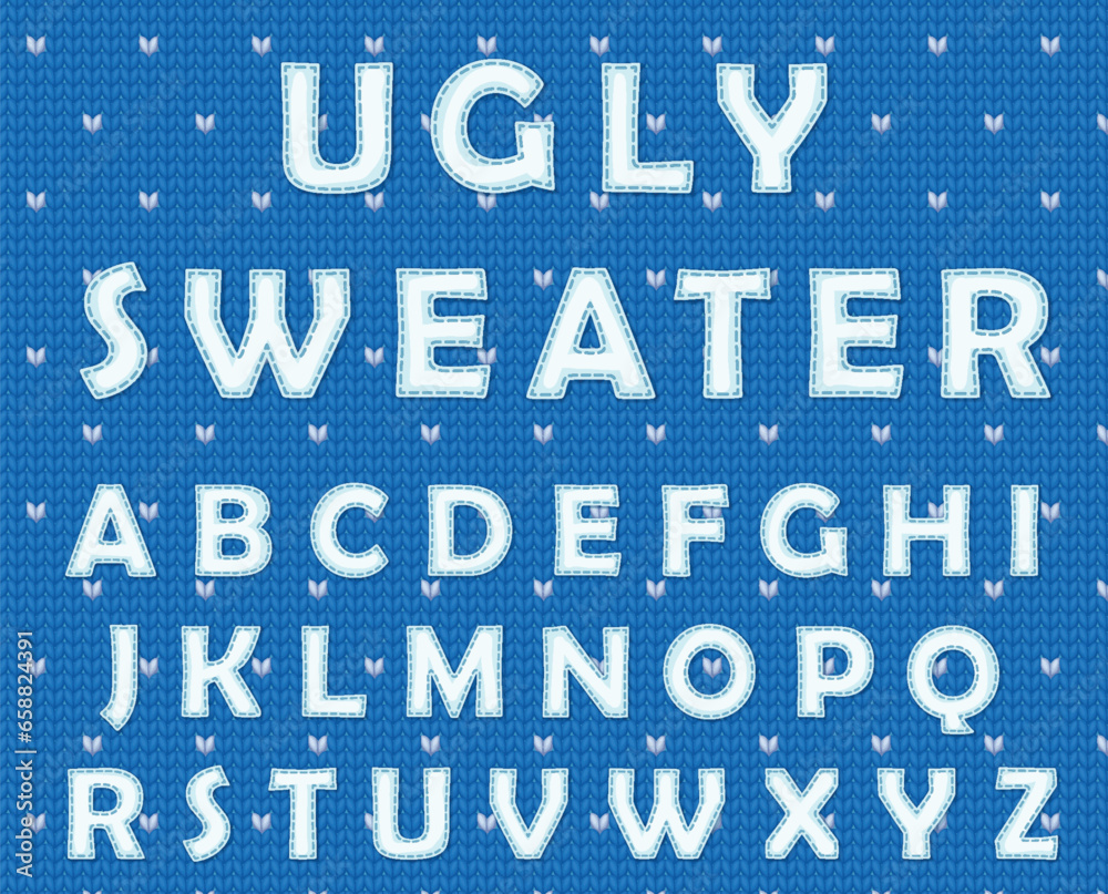 Ugly sweater font vector illustration on knitted woolen background ...