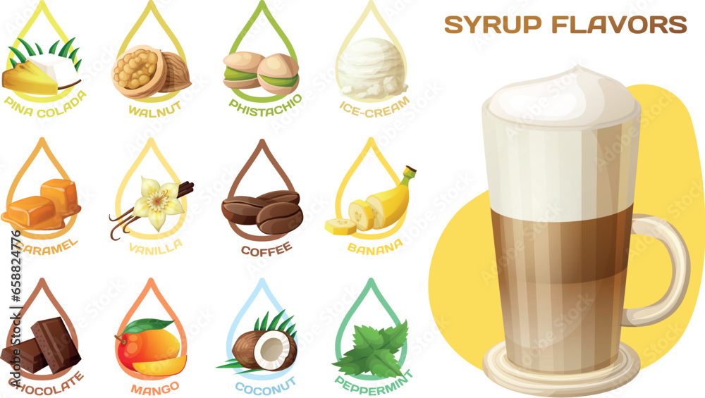 Syrup flavors vector icons set. Glass of hot latte coffee cartoon ...