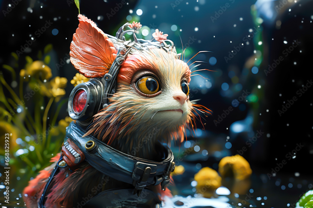 a cat has evolved in the future, has biomechanical and metal parts ...