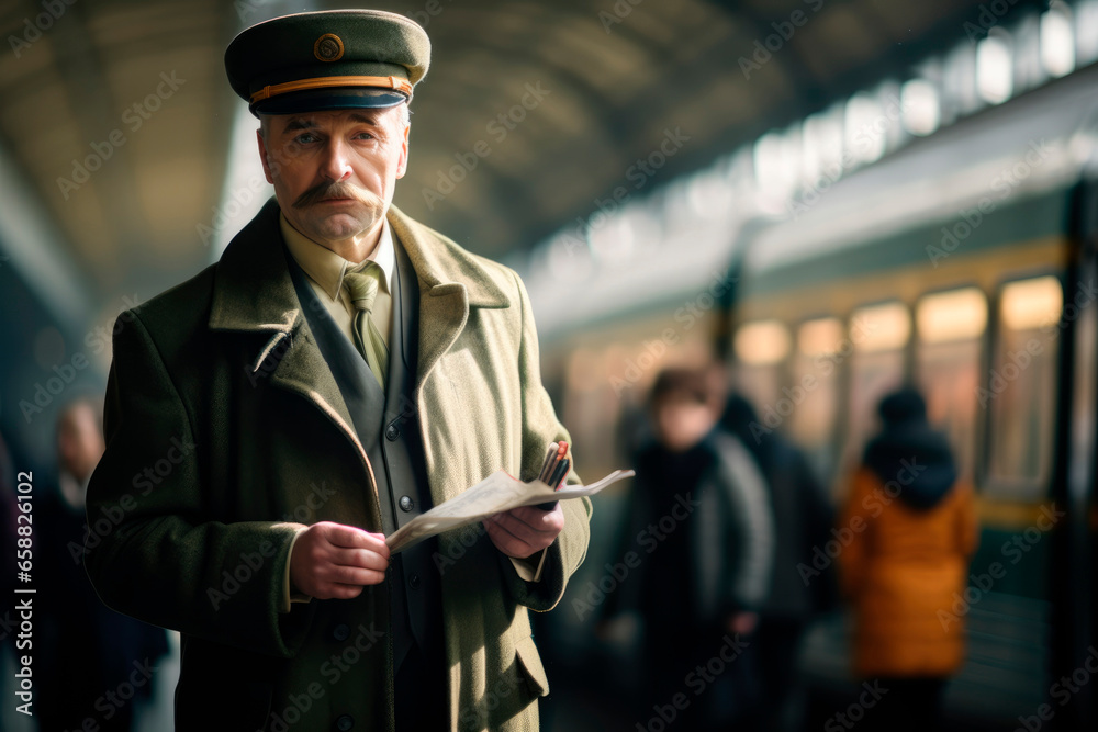 Russian Railway Professional: Dedicated Male Train Conductor at Work ...