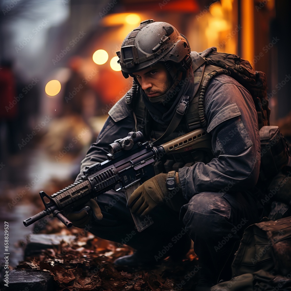 military soldier at war with weapon in hand, infantry ground operation ...