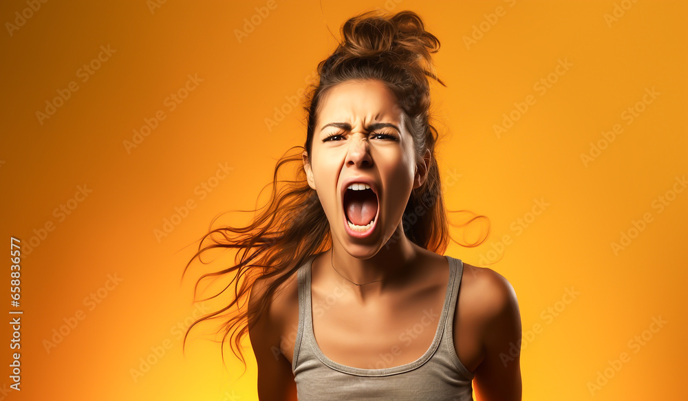 Teenager girl shouting in sign of protest, isolated on colorful studio ...