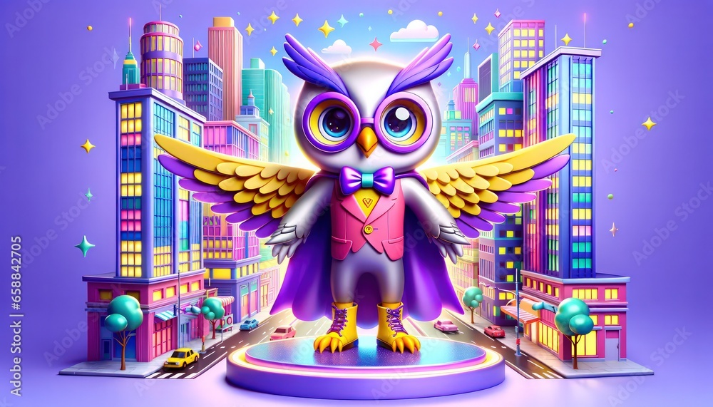 An animated owl with superhero traits, set against a colorful ...