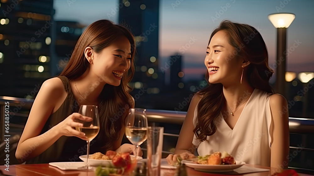 Two beautiful Asian woman friends are meeting and having a dinner party ...