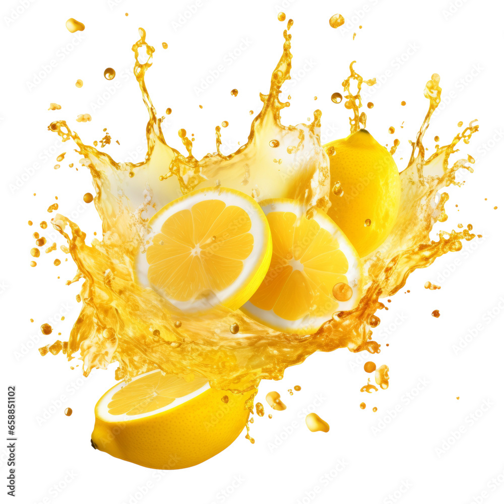 Lemon Juice Splash with Shiny Liquid Droplets on Transparent Background ...