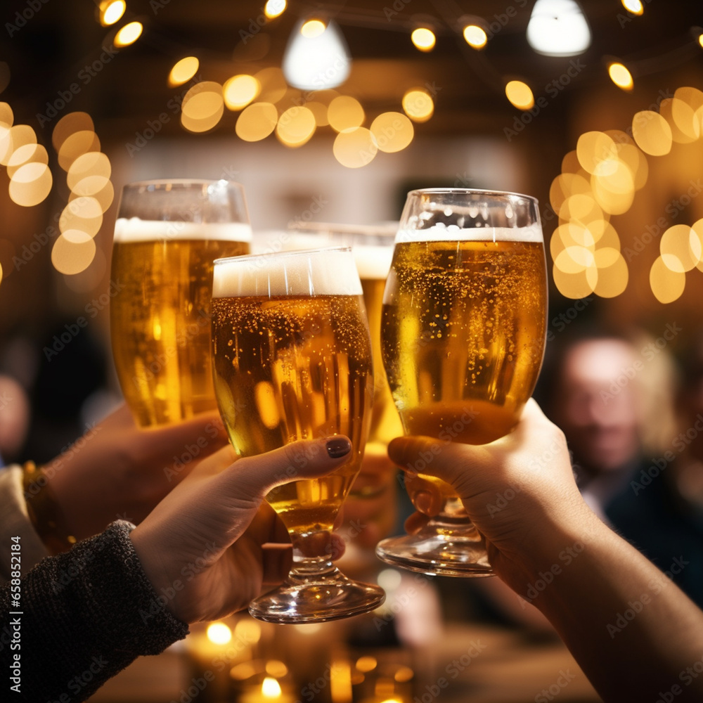 Selective focus at beer mug or glass in hands, cheer and toast, blur ...