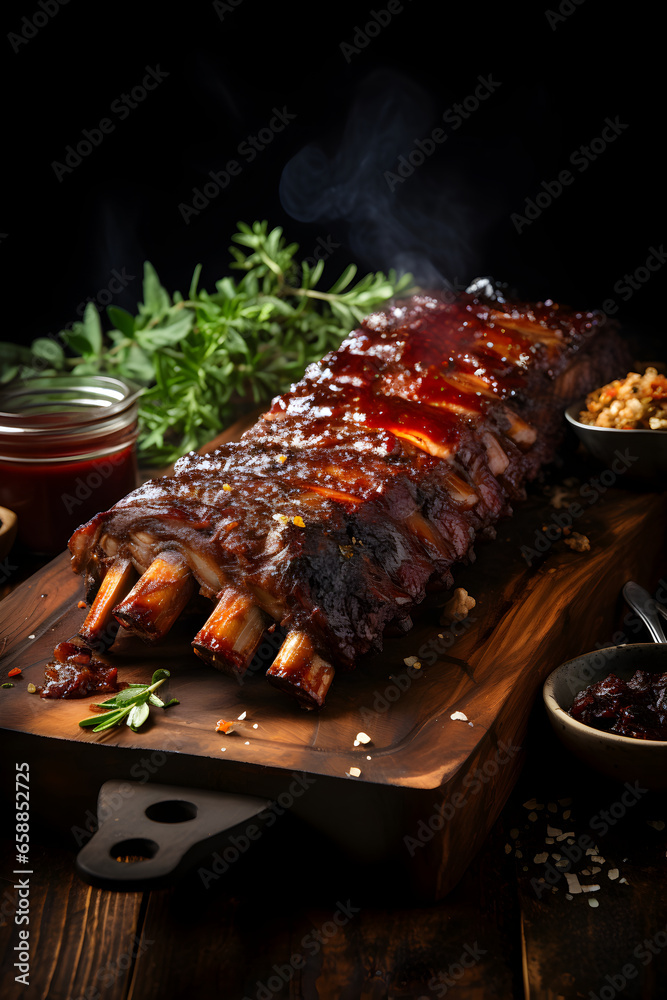 A rack of perfectly smoked and grilled BBQ ribs, placed on a rustic ...