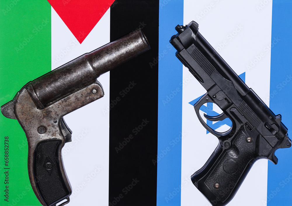 War between Palestine and Israel. The picture with the two flags with ...