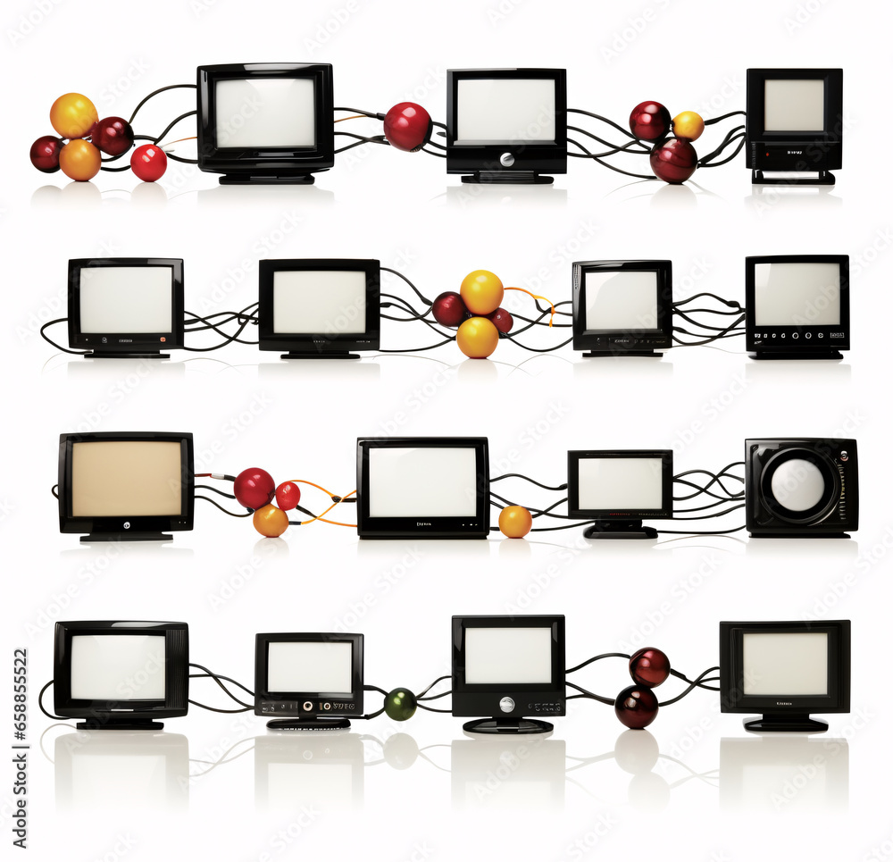 Connection: TVs, monitors and wires linking them all together ...