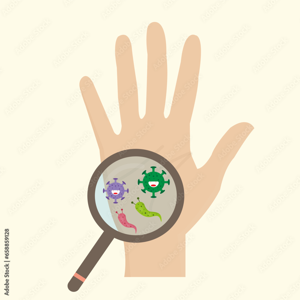 vector of dirty hands full of germs seen from a magnifying glass Stock ...