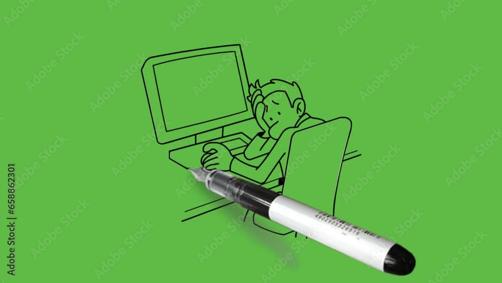 draw backside of young man sit on chair lean forward on table work on ...