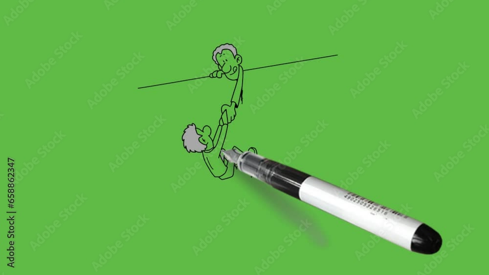 draw young man lean forward from roof downward pulling second person ...