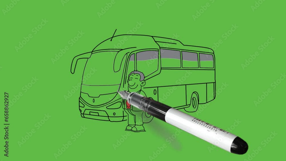 draw young man stand near bus keep both hand backside wear suit, shoes ...