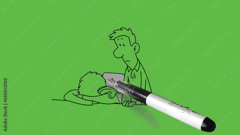 draw young man sit on chair lean forward on table hide his face with ...