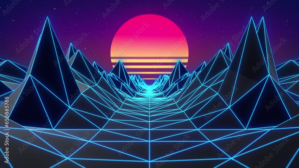 Retro futuristic digital landscape low poly 3D animation with sunset ...