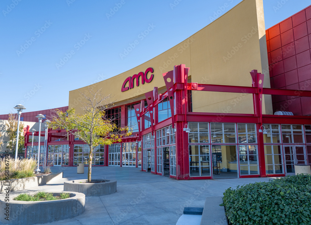 AMC Theater front daytime with AMC logo off angle Stock Photo | Adobe Stock