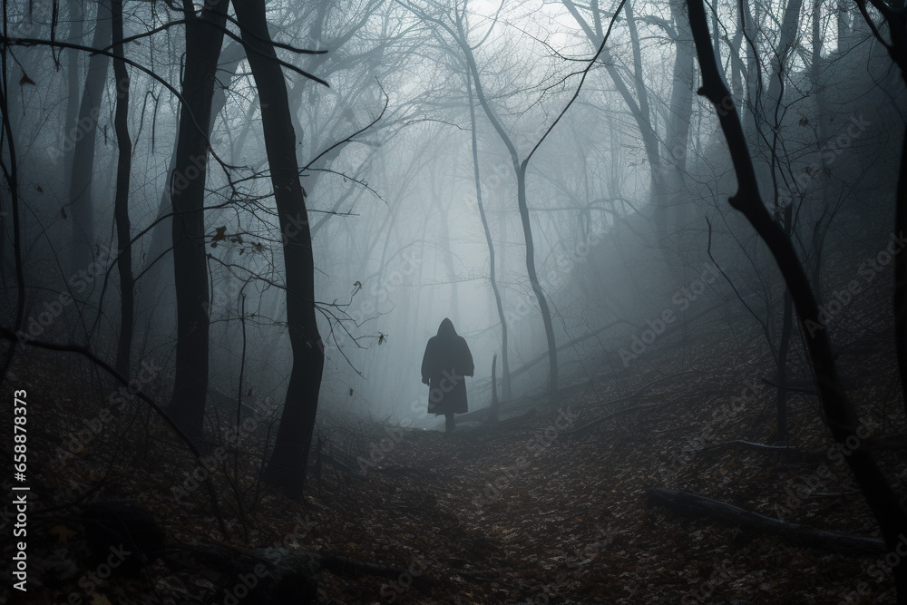 Horror, fantasy, mystery and landscape concept. Dark human silhouette ...