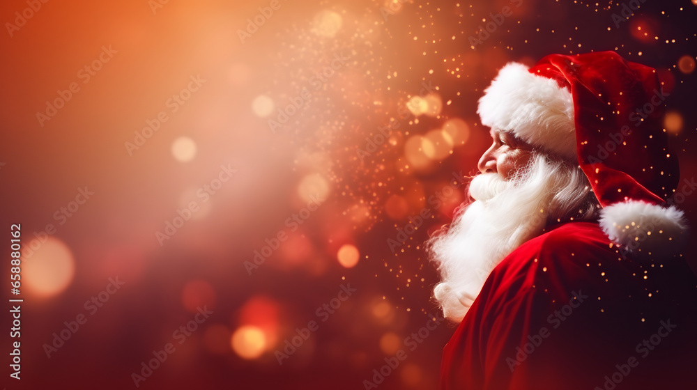 Santa Claus face closeup with defocused glitter bokeh copy space ...