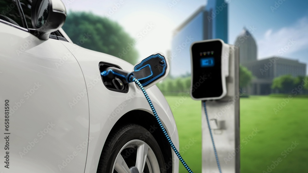 Electric car plug in with charging station to recharge battery with ...