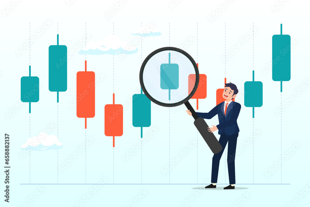 Businessman trader magnify candlestick chart, technical analysis trader to analyze stock market ...