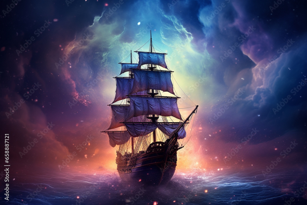 Epic Odyssey: Ship Sailing the Ocean of Clouds and Battling Fiery ...