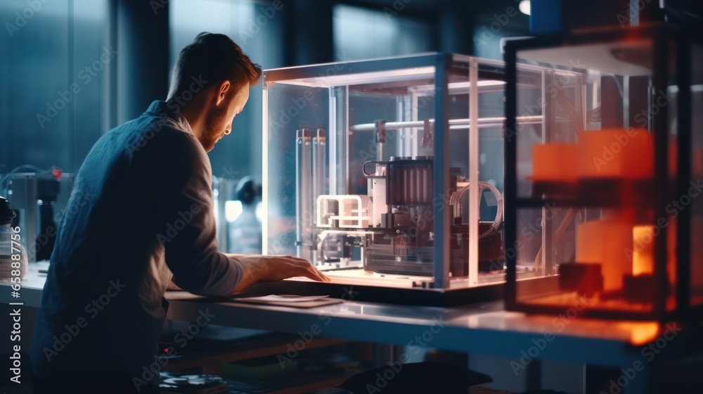 Engineer prints a prototype model on a 3d printer in a laboratory using equipment. The concept ...