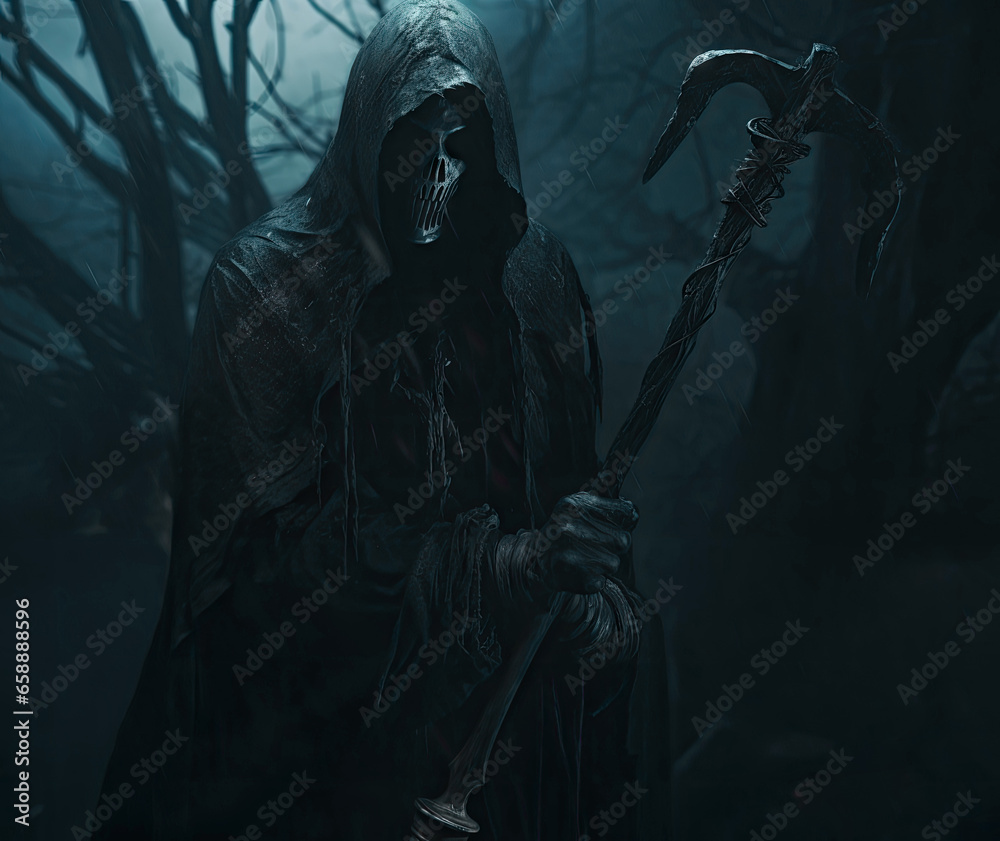 Halloween background. nightmarish silhouette of death in a cloak and a ...