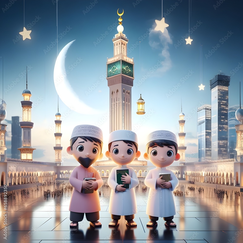 a group of muslim cartoon characters standing in front of a Makkah ...