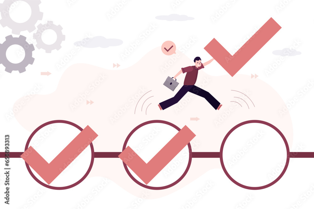 Employee holds huge checkmark and run to tasks complete. Project ...