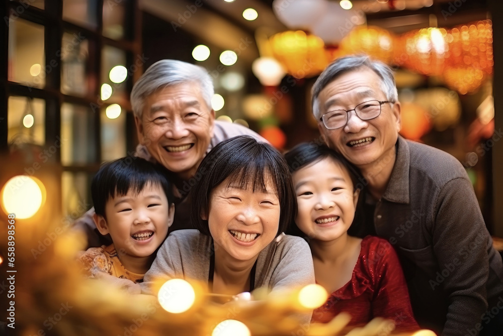 Big Asian family together. Family photo of joyful children and old ...