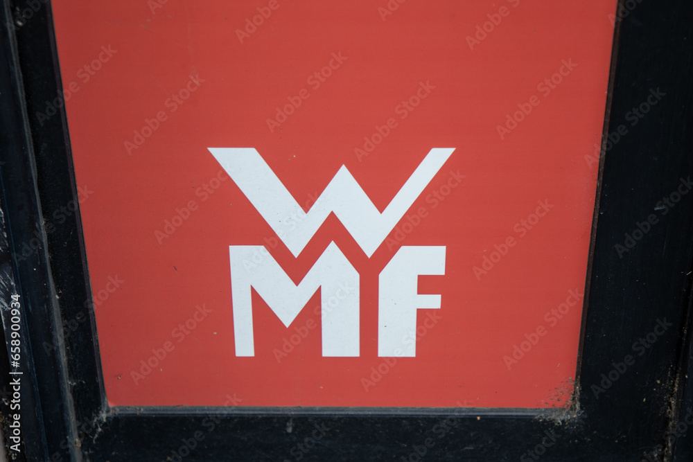 WMF shop sign brand and logo text former listed manufacturer entrance ...