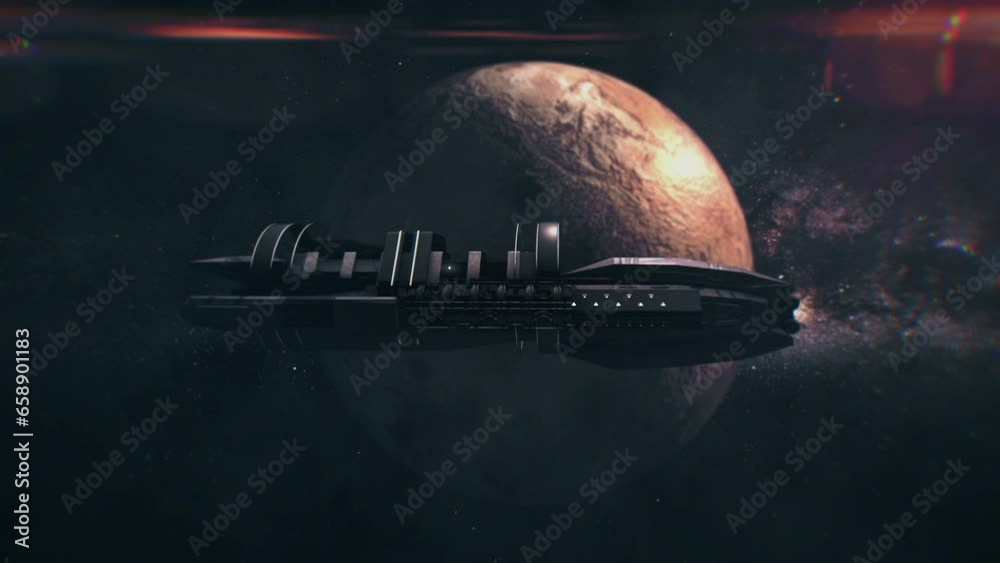 Interstellar spaceship slowly flying in outer space near a planet. Sci ...